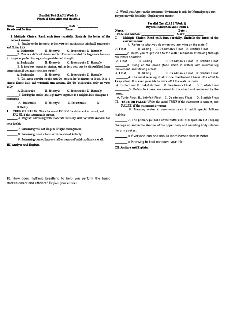 Quiz 1@2 | PDF | Swimming | Leisure Activities