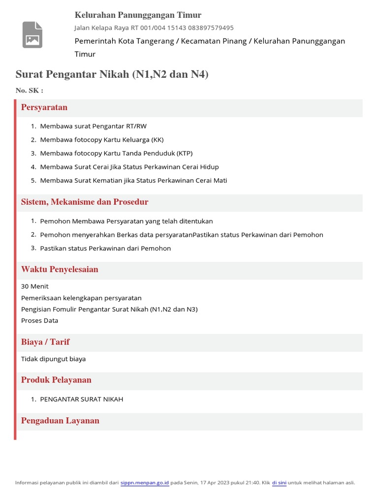 Unduh Standar Pelayanan - Surat Pengantar Nikah (N1, N2 Dan N4) | PDF