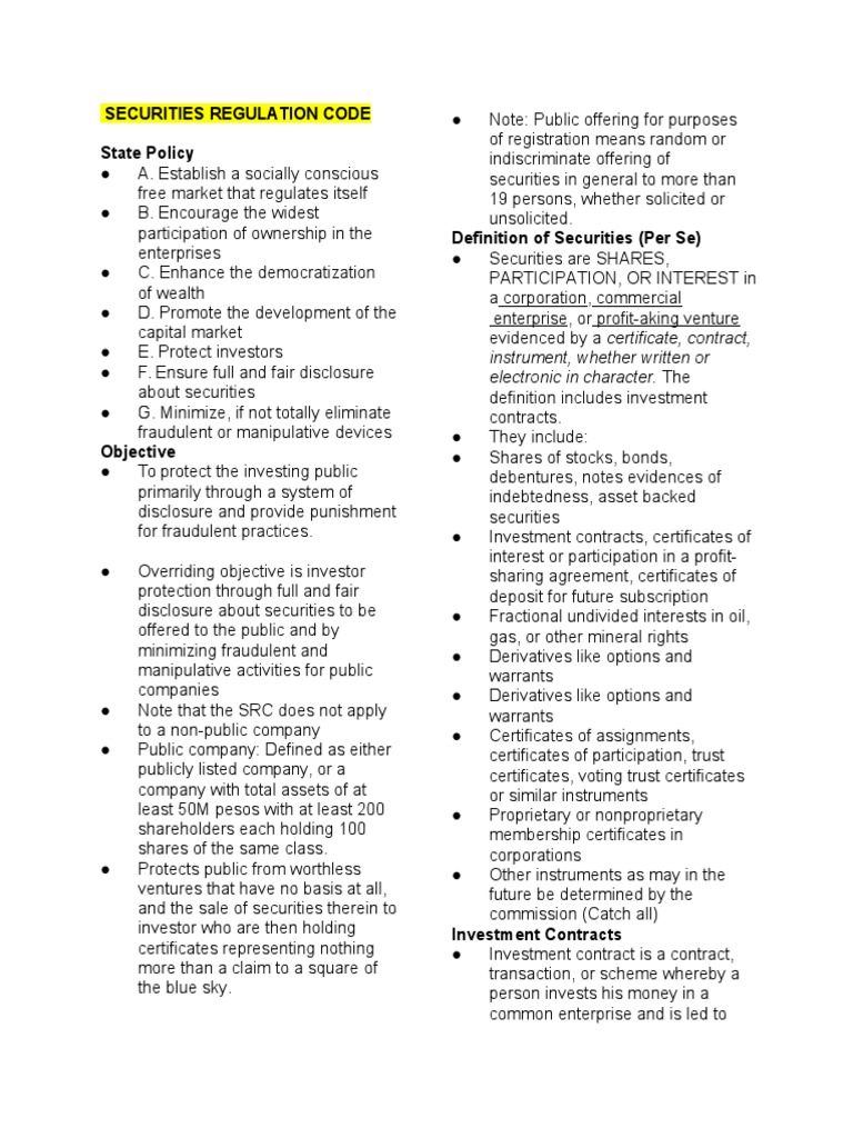 Securities Regulation Code Handout | PDF | Securities (Finance) | Stocks
