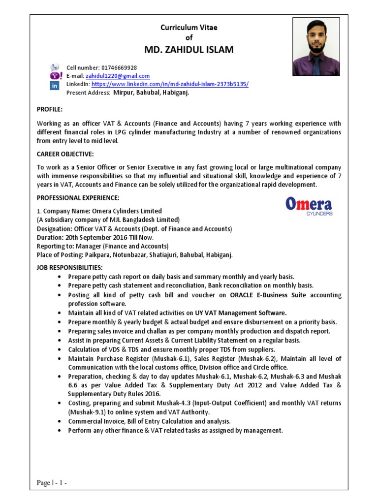CV of MD. Zahidul Islam - VAT Officer | PDF | Value Added Tax | Invoice