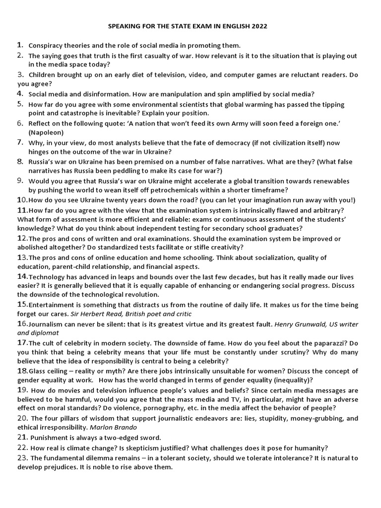 English State Exam Speaking Topics 2022 | PDF | Social Media | Popular ...