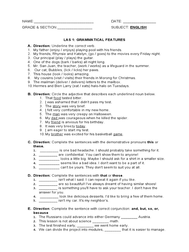 Grade 5 Las - 1 - Q1 - English | PDF | Syntax | Linguistic Morphology