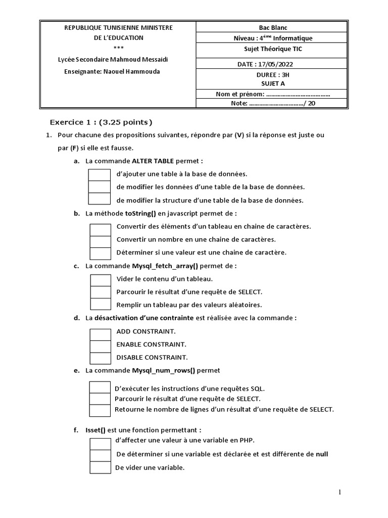Devoir Bac Blanc TIC Avec La CORRECTION | PDF | JavaScript | PHP