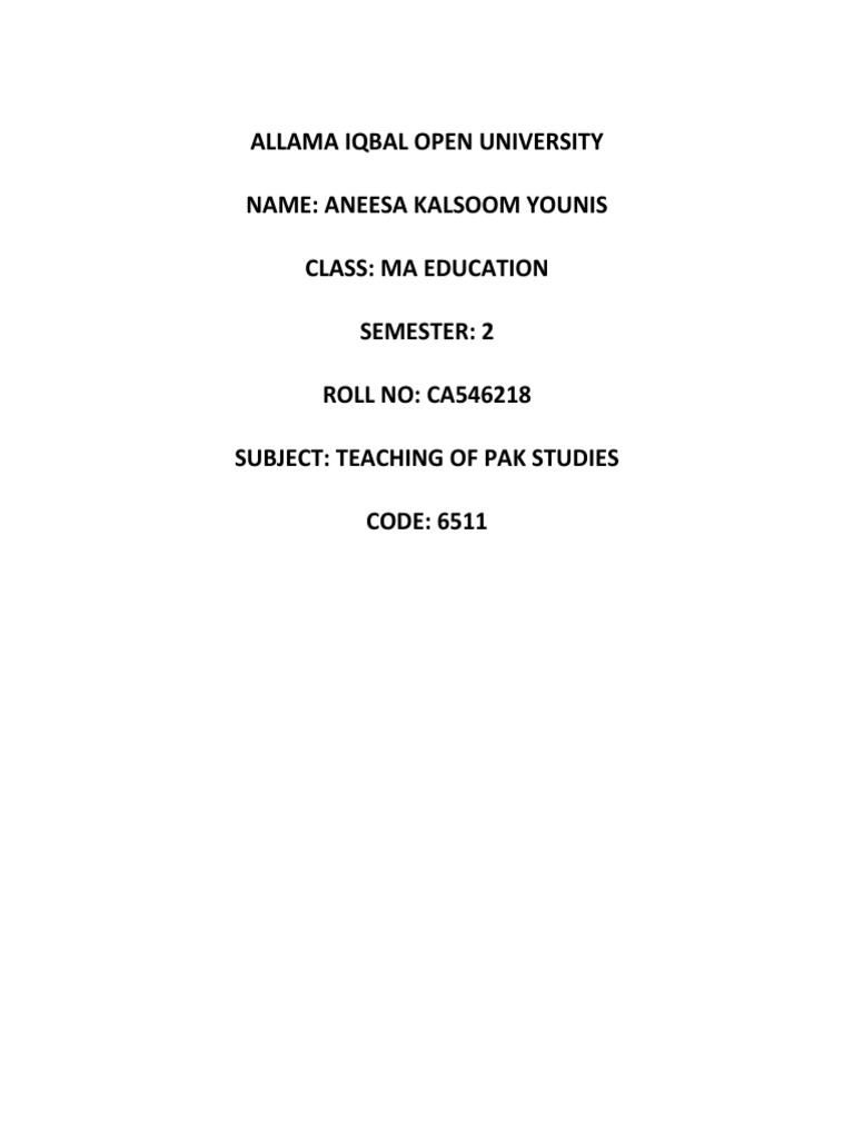 Relation Of Pakistan Studies Aiou Assignment Pdf Teachers Lecture