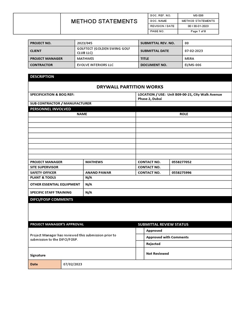 Method Statements 06 - Drywall Partition Works | PDF | Risk | Drywall