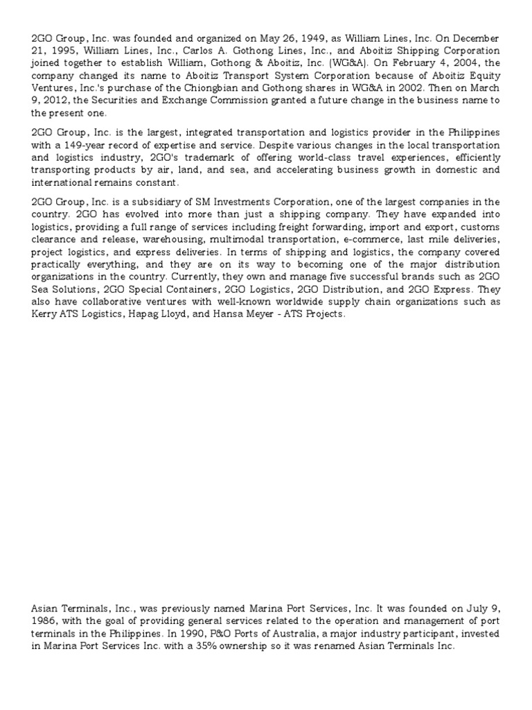 Background or History of 2GO and Asian Terminals | PDF | Logistics | Port