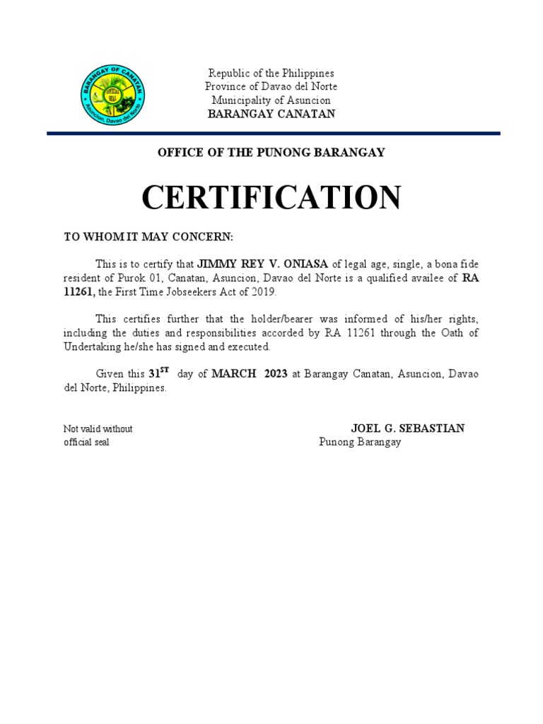 First Time Jobseeker Certification | PDF