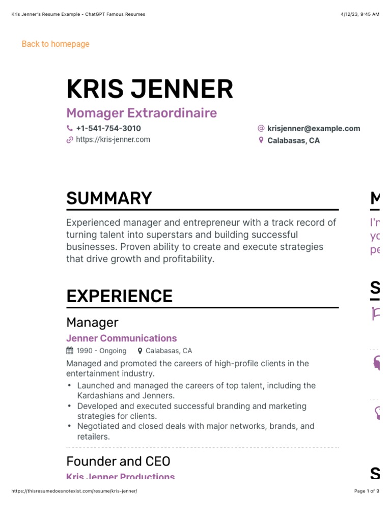 Kris Jenner's Resume Example - ChatGPT Famous Resumes | PDF | Business | Business Process