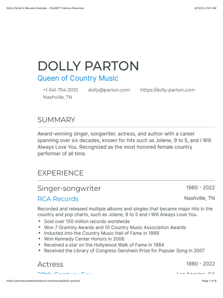 Dolly Parton's Resume Example - ChatGPT Famous Resumes | PDF | Dolly ...