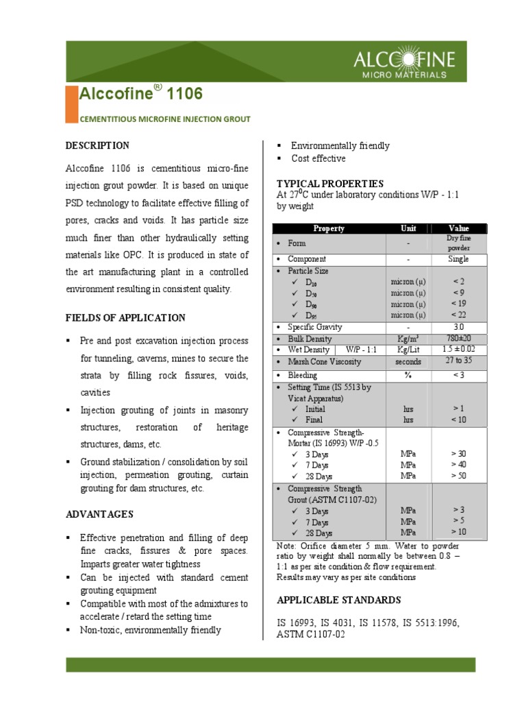 Alccofine 1106 TDS V2 | PDF | Concrete | Materials