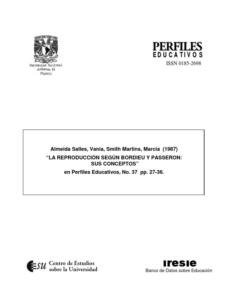 1987 37 La Reproduccion Segun Bourdieu y Passeron Sus Conceptos | PDF ...