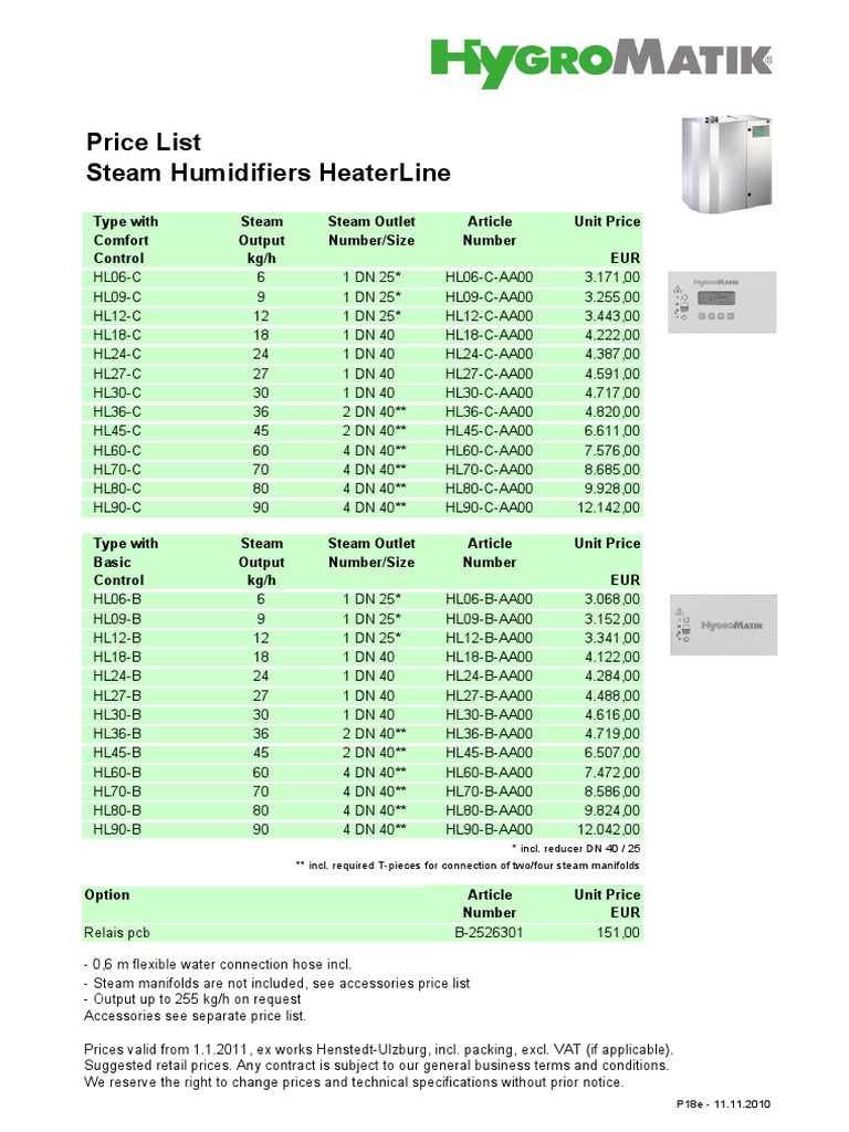 Hygromatik Heater Type Steam Humidifiers EU 2011 | PDF | Humidity ...
