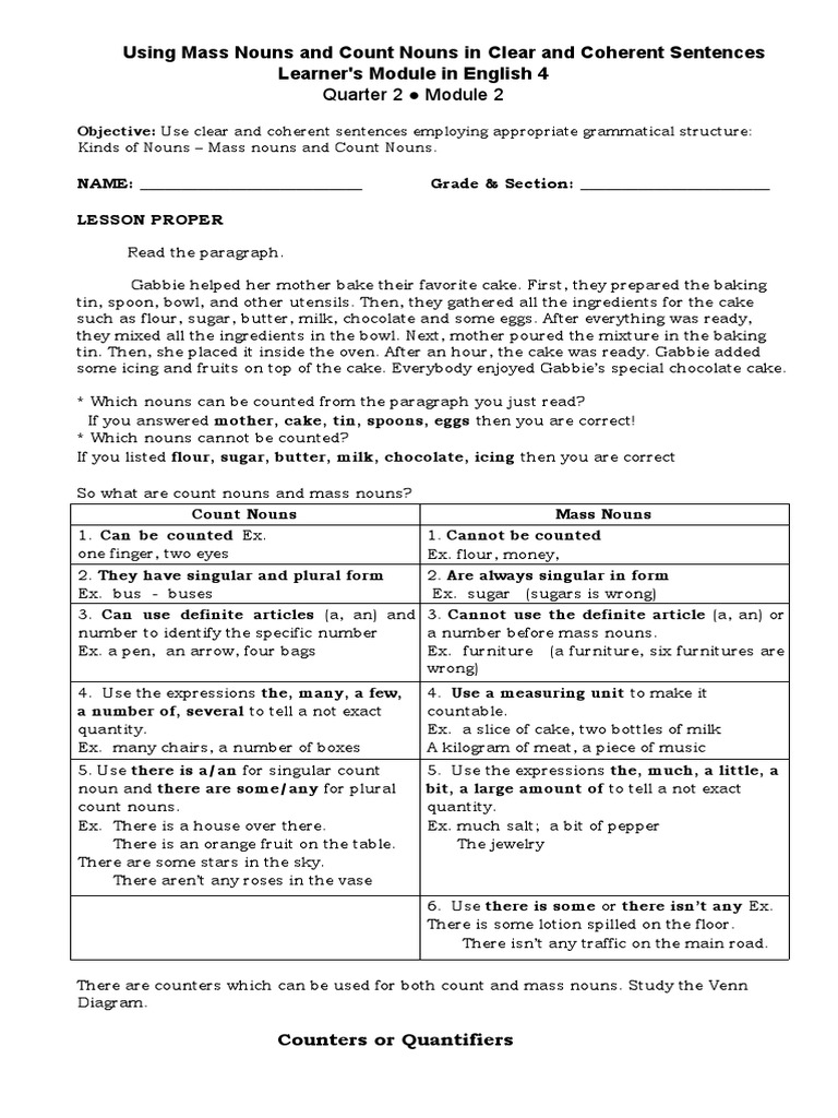 ENG4 - Q2 - Mod2 Using Mass Nouns and Count Nouns in Sentences | PDF ...