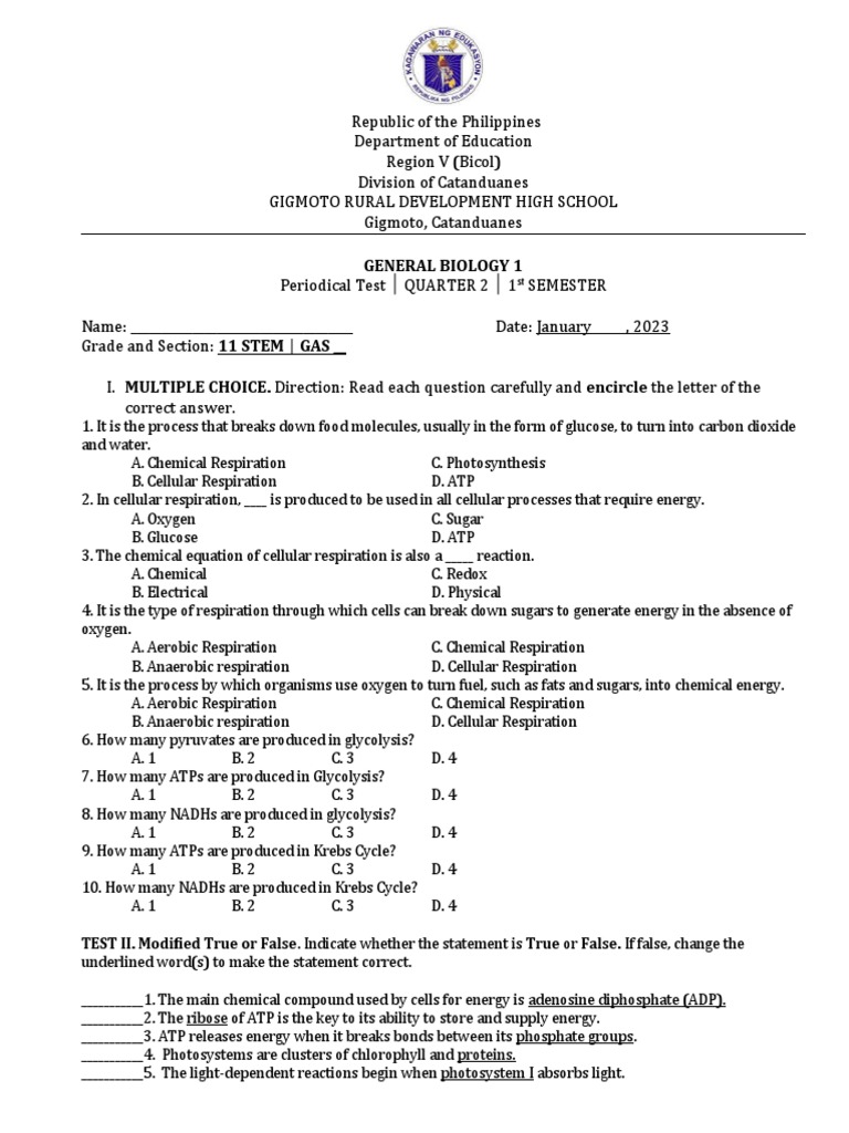 General Biology 1: TEST II. Modified True or False. Indicate Whether ...