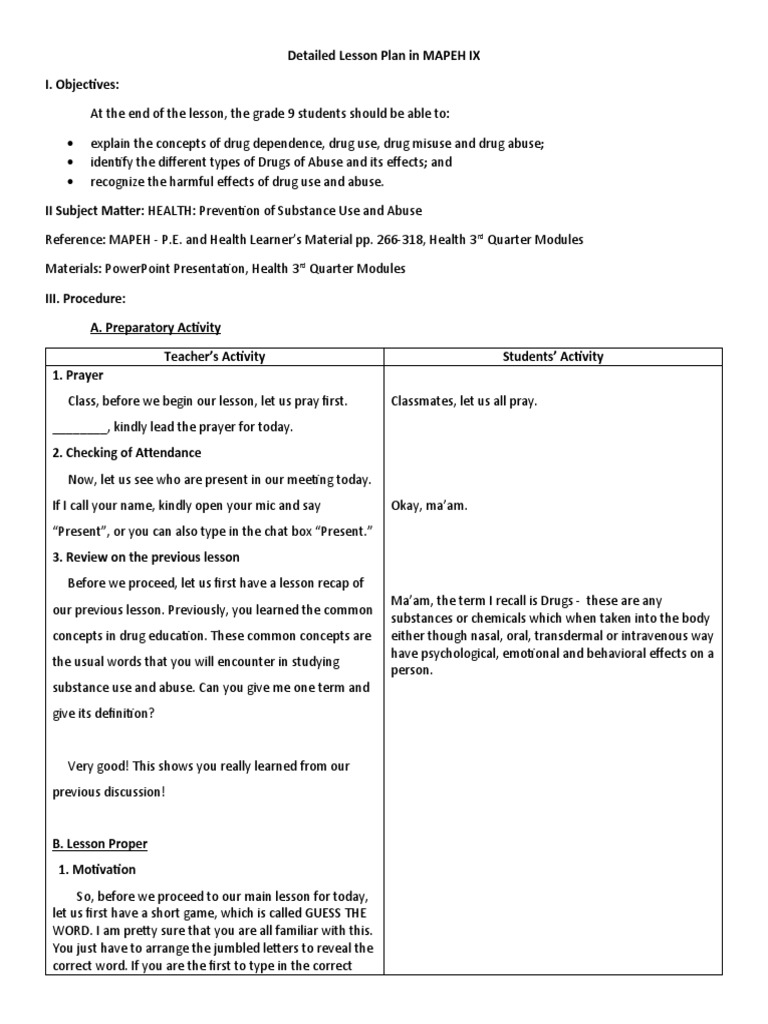 MAPEH IX Lesson Plan: Drug Abuse Education | PDF | Stimulant | Drugs