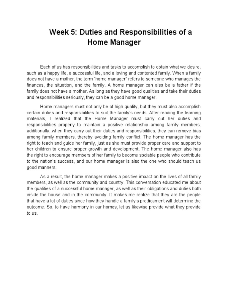 Week 5: Duties and Responsibilities of A Home Manager | PDF