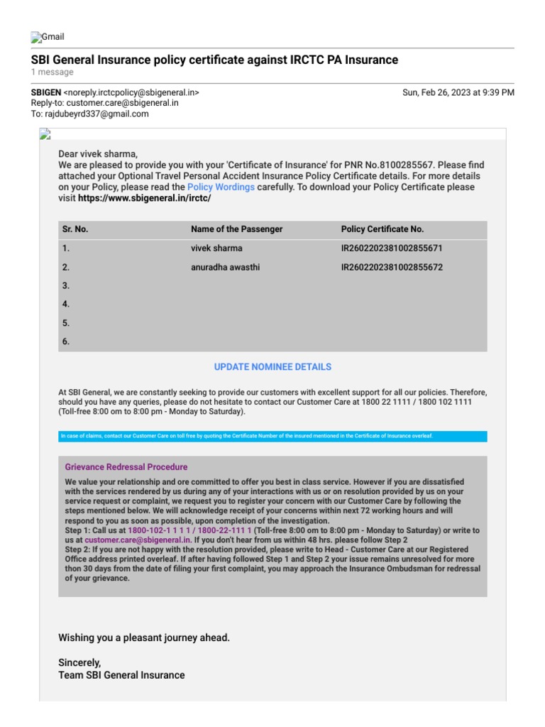 Gmail - SBI General Insurance Policy Certificate Against IRCTC PA ...