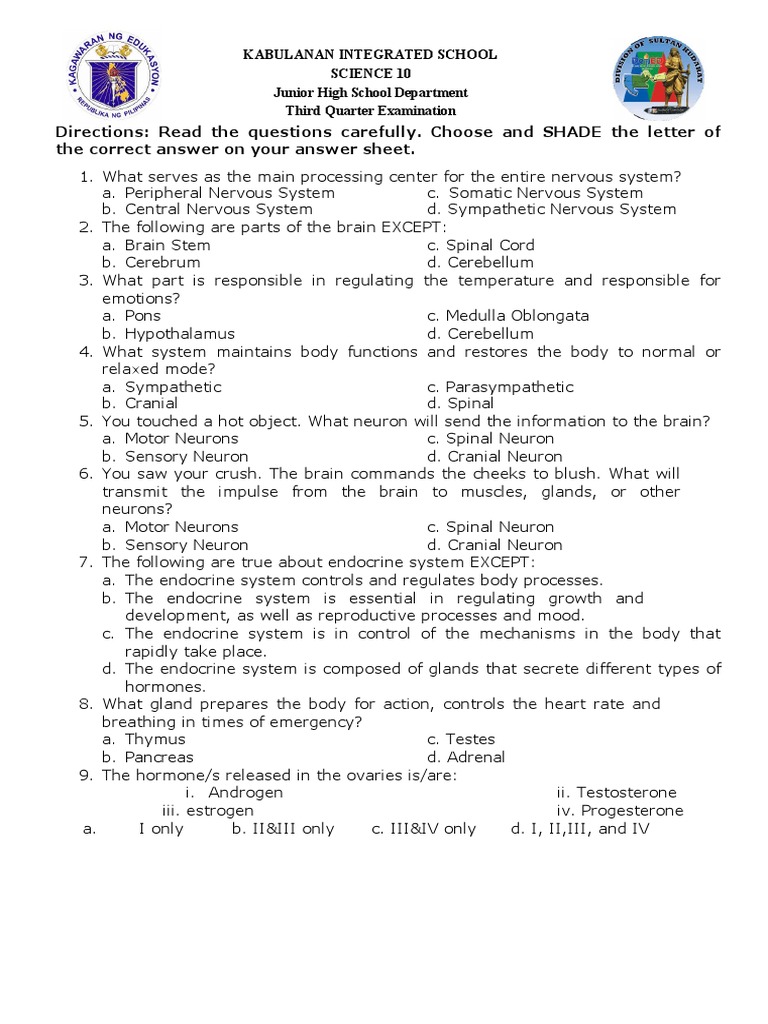 Science 10 Third Quarter Exam Guide | PDF | Nervous System | Human Body