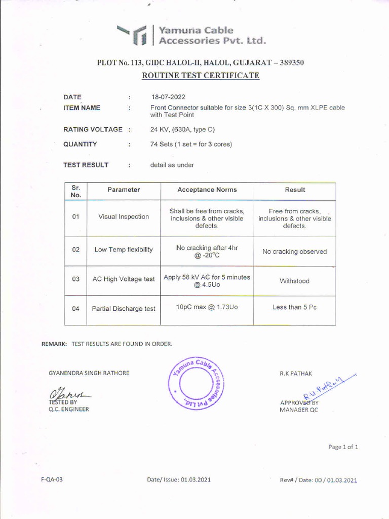 Front Connector Test Certificate | PDF