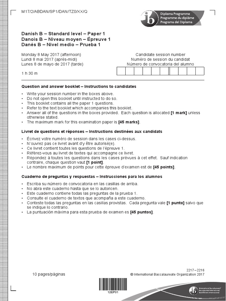 Danish B Paper 1 Question Booklet SL | PDF