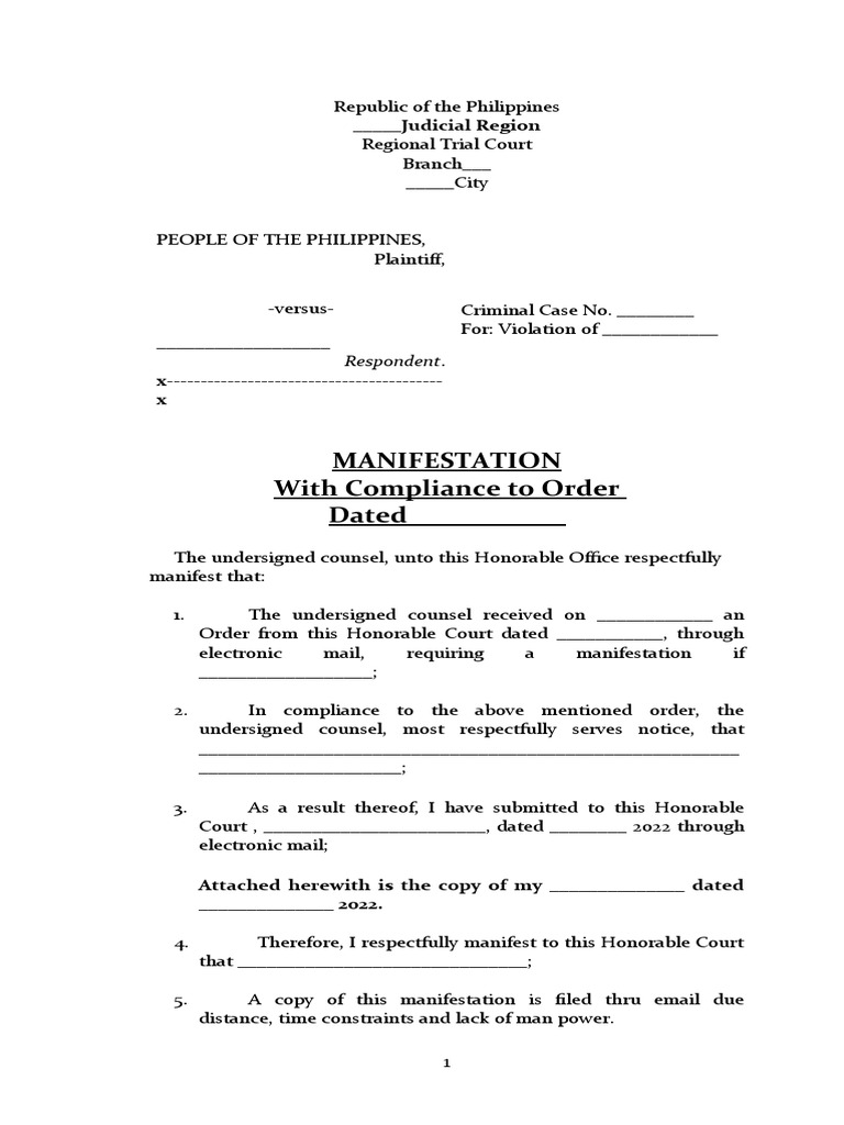 Philippine Court Order Manifestation | PDF