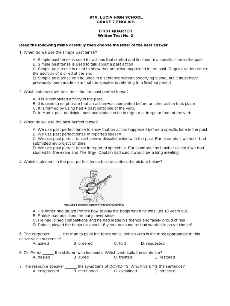 Sta. Lucia High School Grade 7-English First Quarter Written Test No. 2 ...