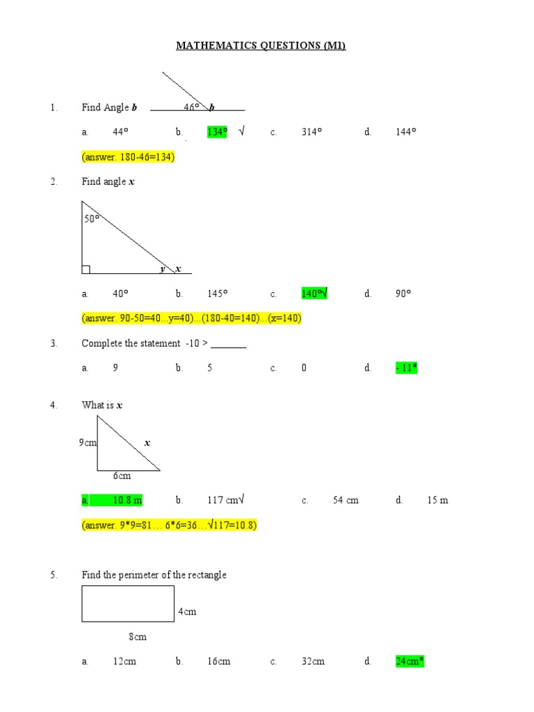 Mathematics Questions (M1) | PDF | Ratio | Elementary Mathematics