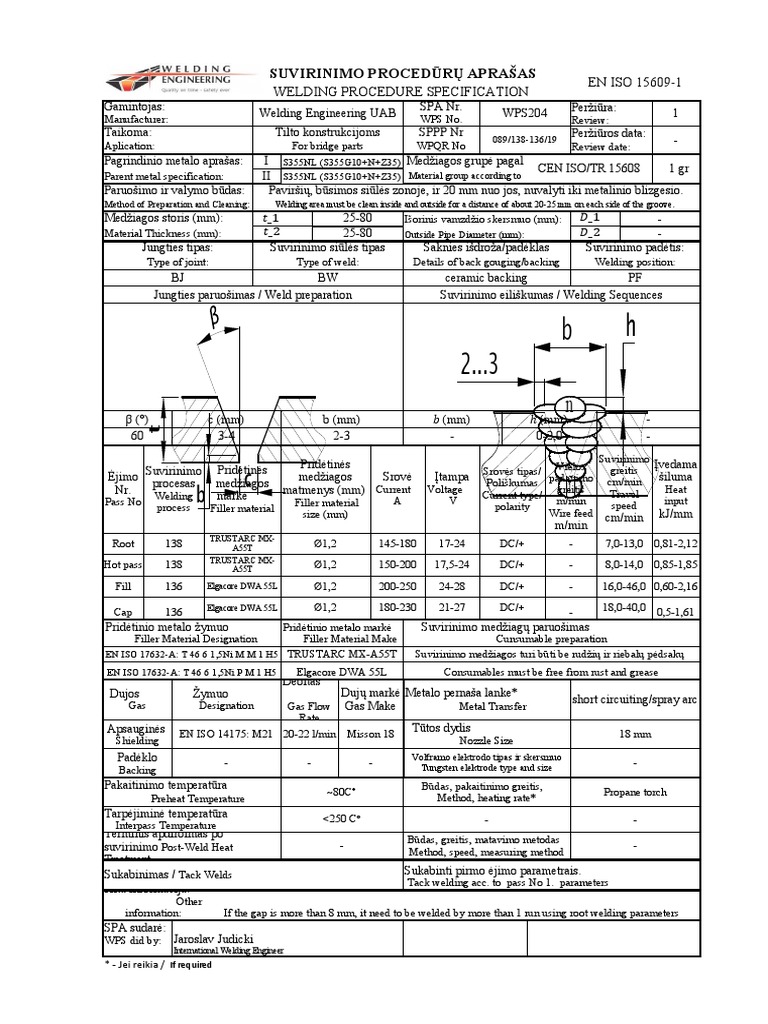 Suvirinimo Procedūrų Aprašas: EN ISO 15609-1 Welding Procedure ...