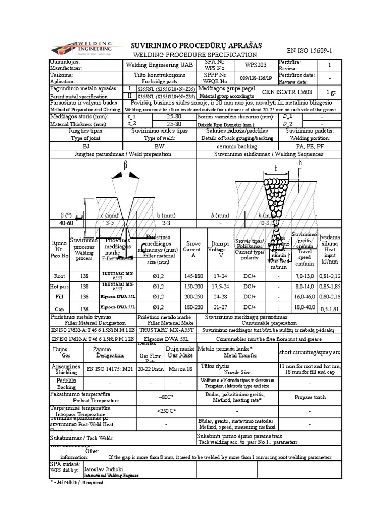 Suvirinimo Procedūrų Aprašas: EN ISO 15609-1 Welding Procedure Specification | PDF