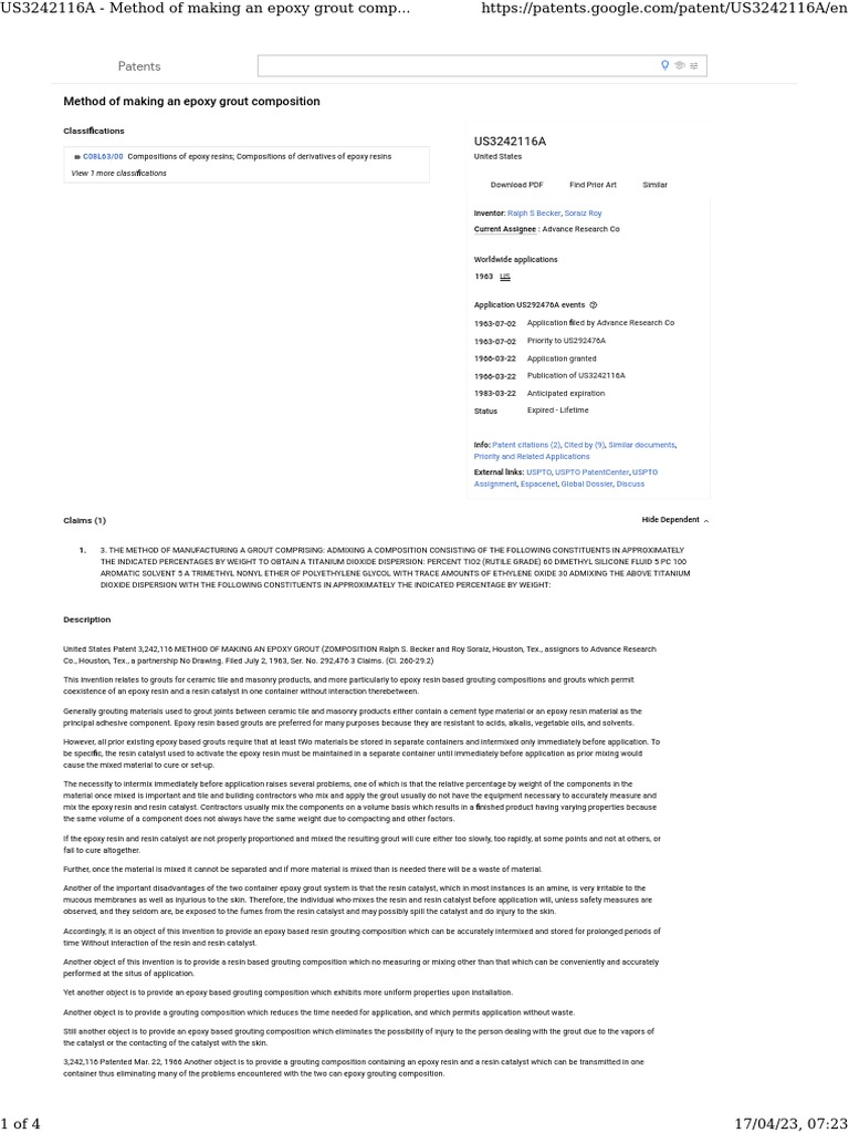 US3242116A - Method of Making An Epoxy Grout Composition - Google ...