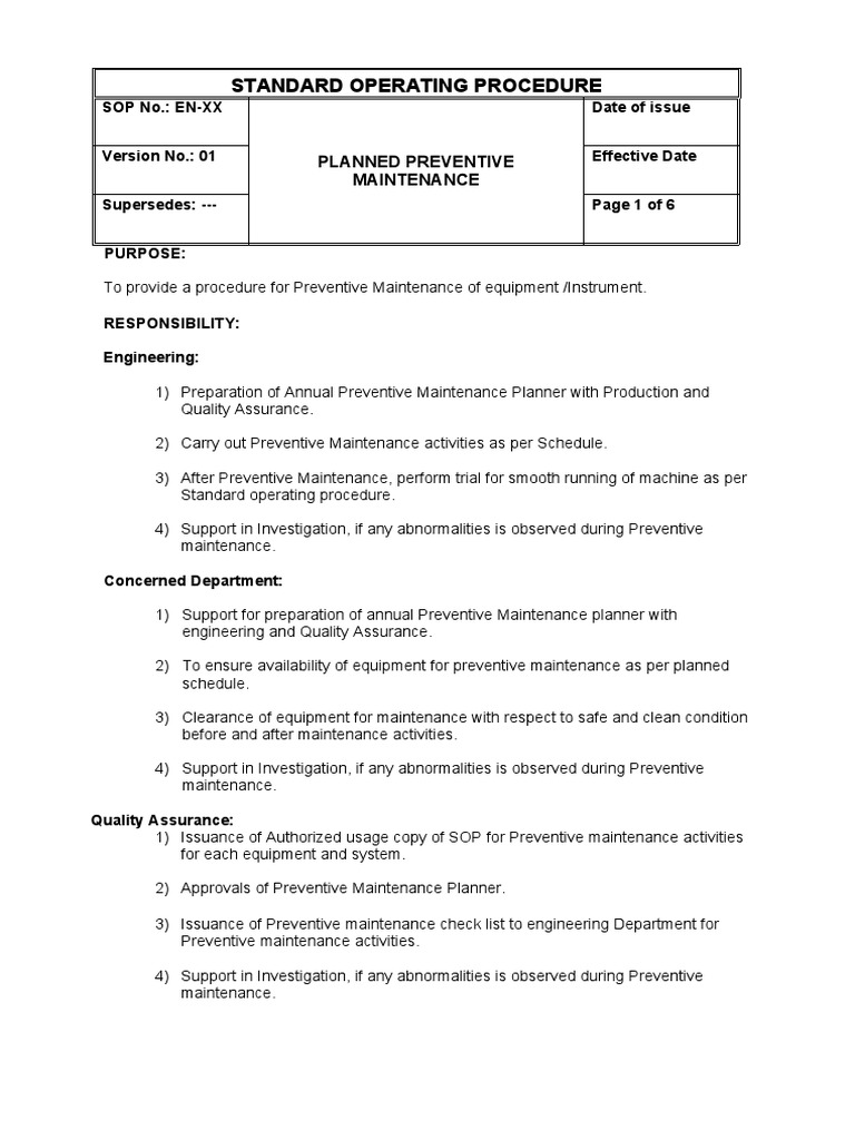 Standard Operating Procedure: Planned Preventive Maintenance | PDF | Quality Assurance