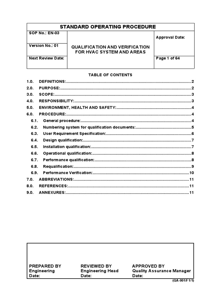 Standard Operating Procedure: Qualification and Verification For Hvac System and Areas | PDF ...