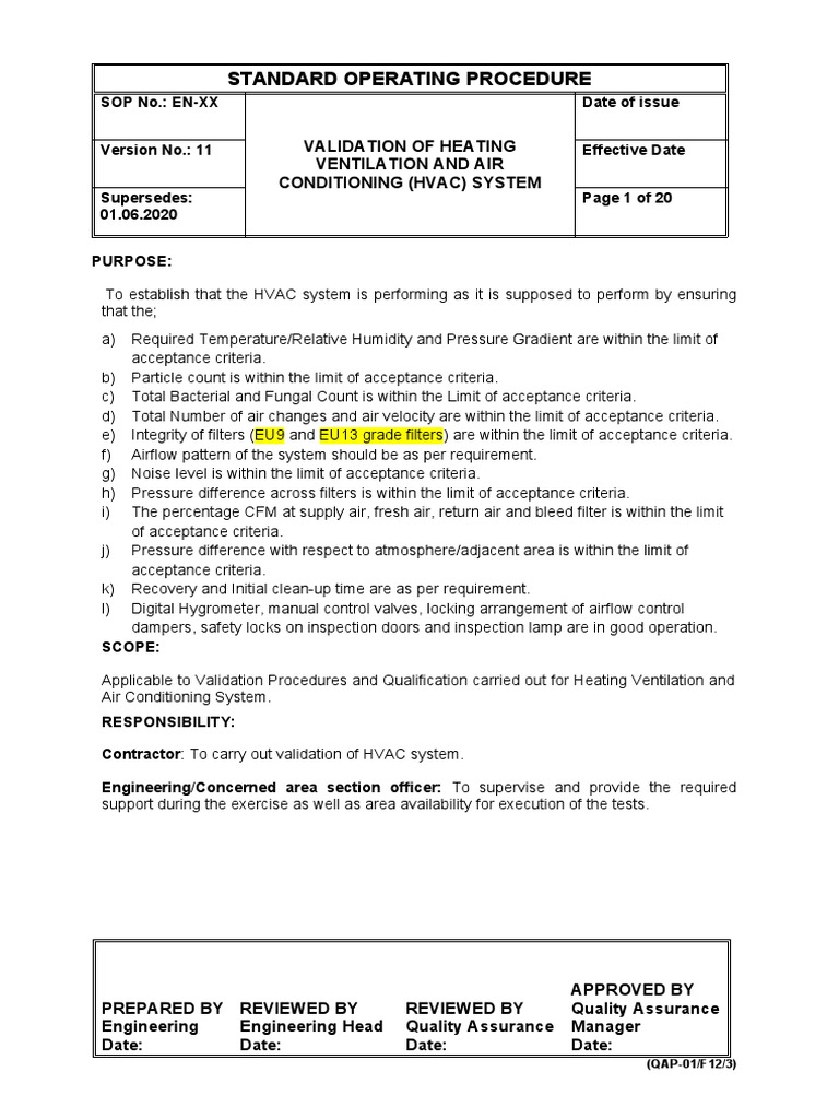 Standard Operating Procedure: Validation of Heating Ventilation and Air Conditioning (Hvac ...