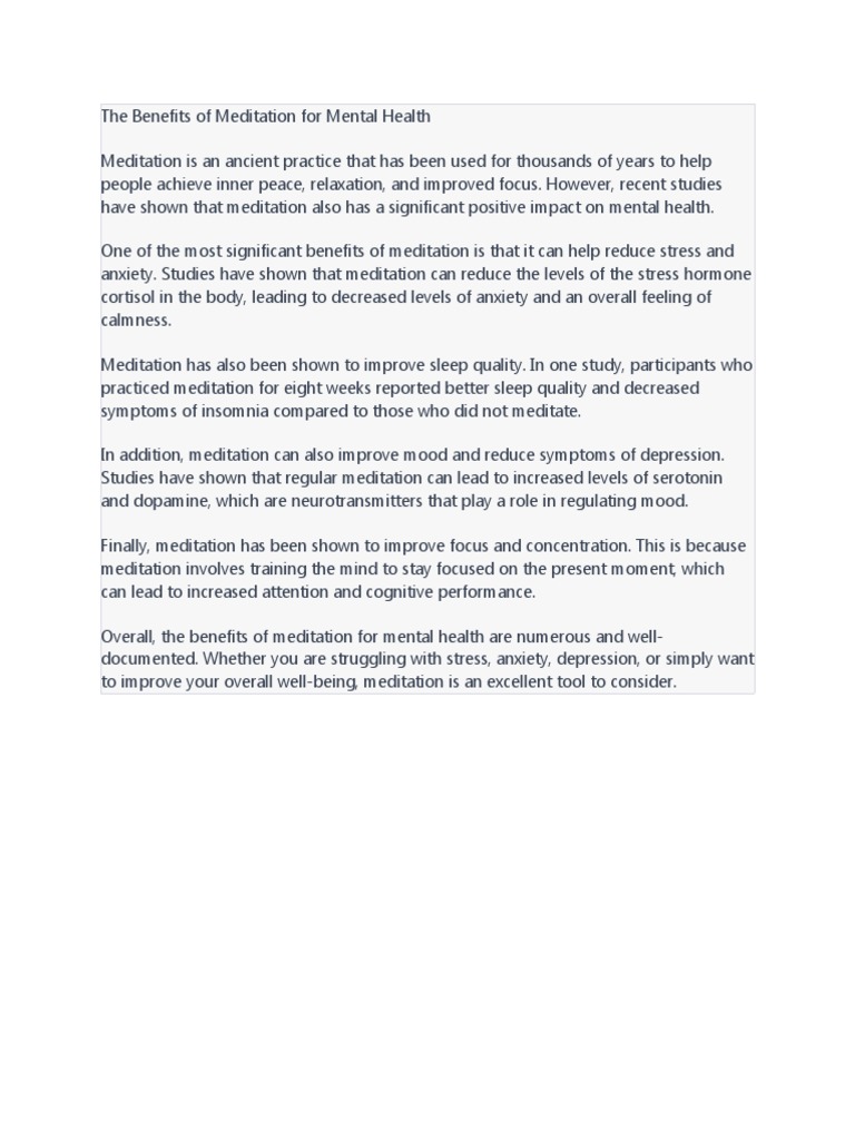 The Benefits of Meditation For Mental Health | PDF