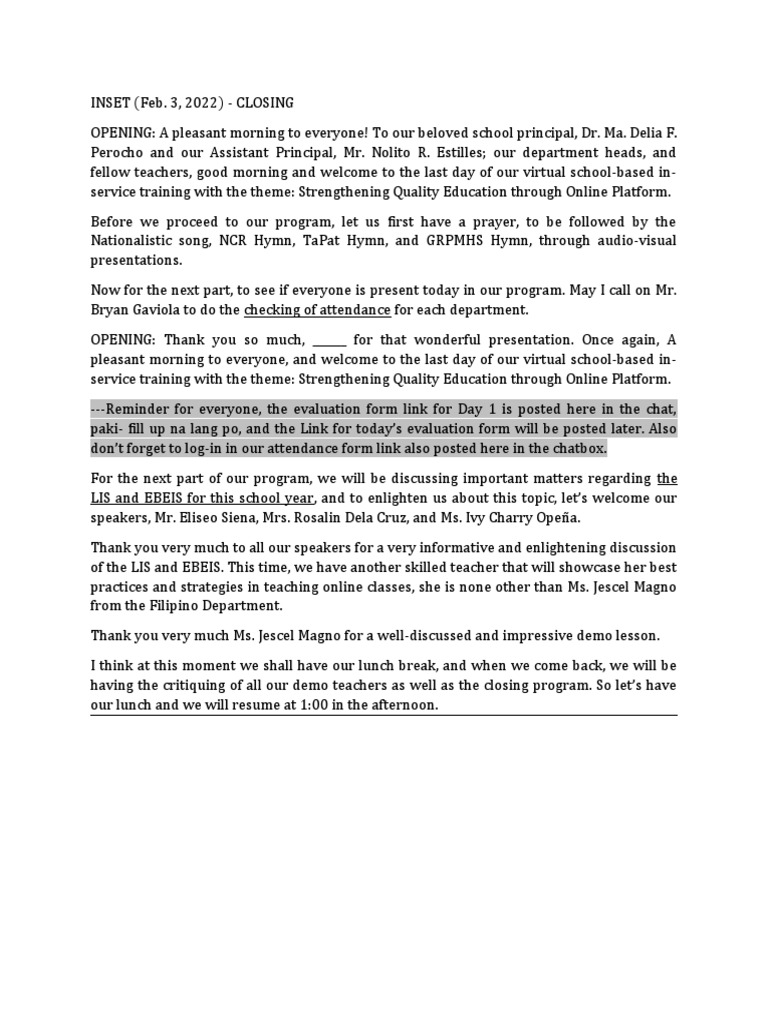 Inset-Script-Day 2 | Download Free PDF | Behavior Modification | Learning