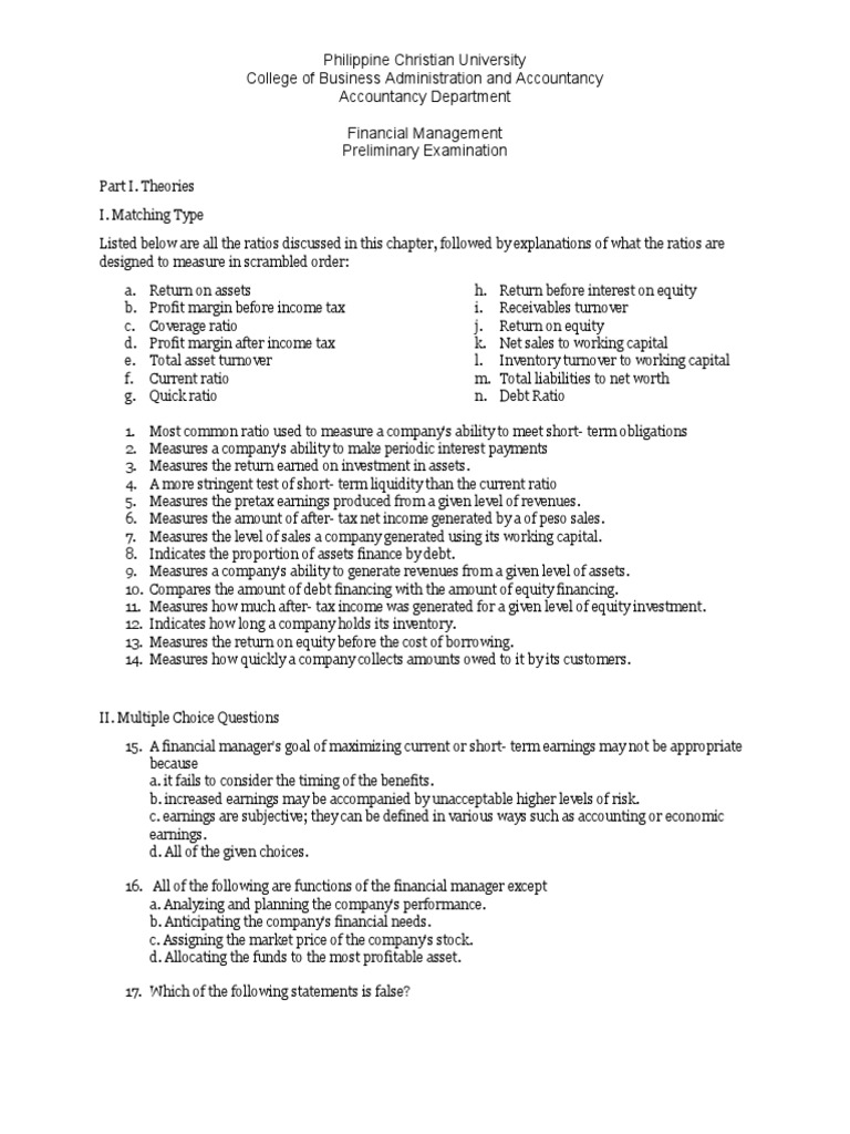 Preliminary Examination in Financial Management | PDF | Balance Sheet ...
