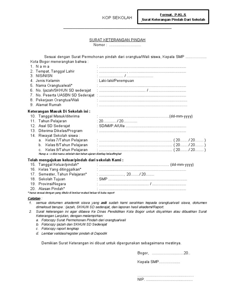 Surat Keterangan Pindah Sekolah | PDF