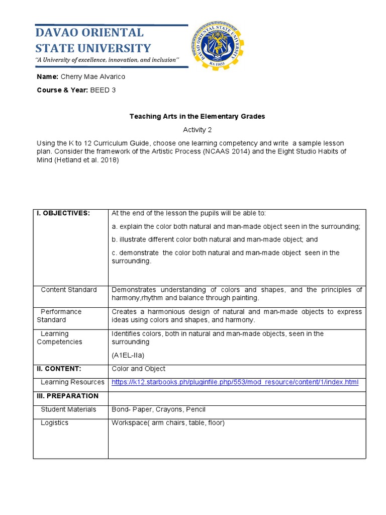 Davao Oriental State University: Name: Cherry Mae Alvarico Course & Year: BEED 3 Teaching Arts ...