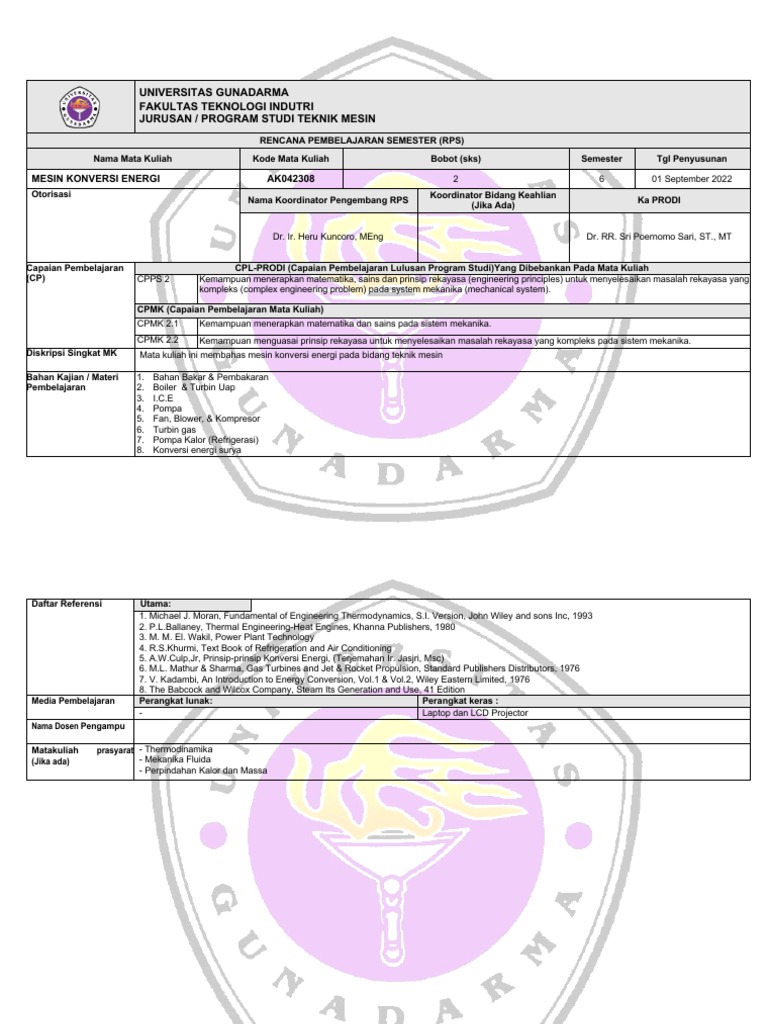 RPS 2022 - Teknik Mesin - AK042308 Mesin Konversi Energi | PDF