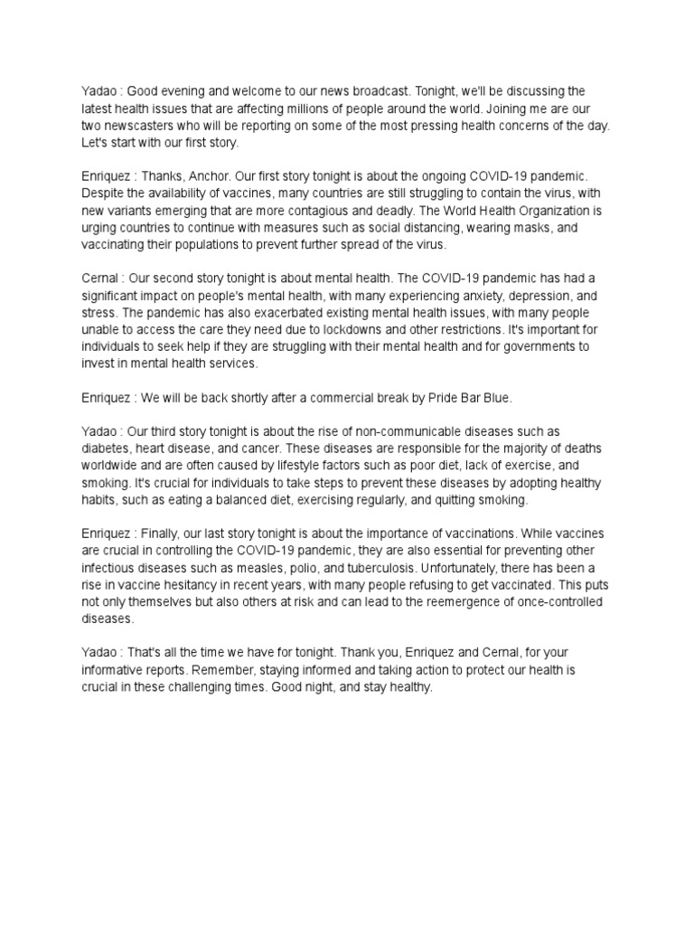 Mapeh Script Newscasting Download Free Pdf Pandemic Mental Health 