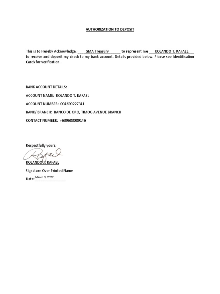 Authorization To Deposit | PDF | Business | Finance & Money Management