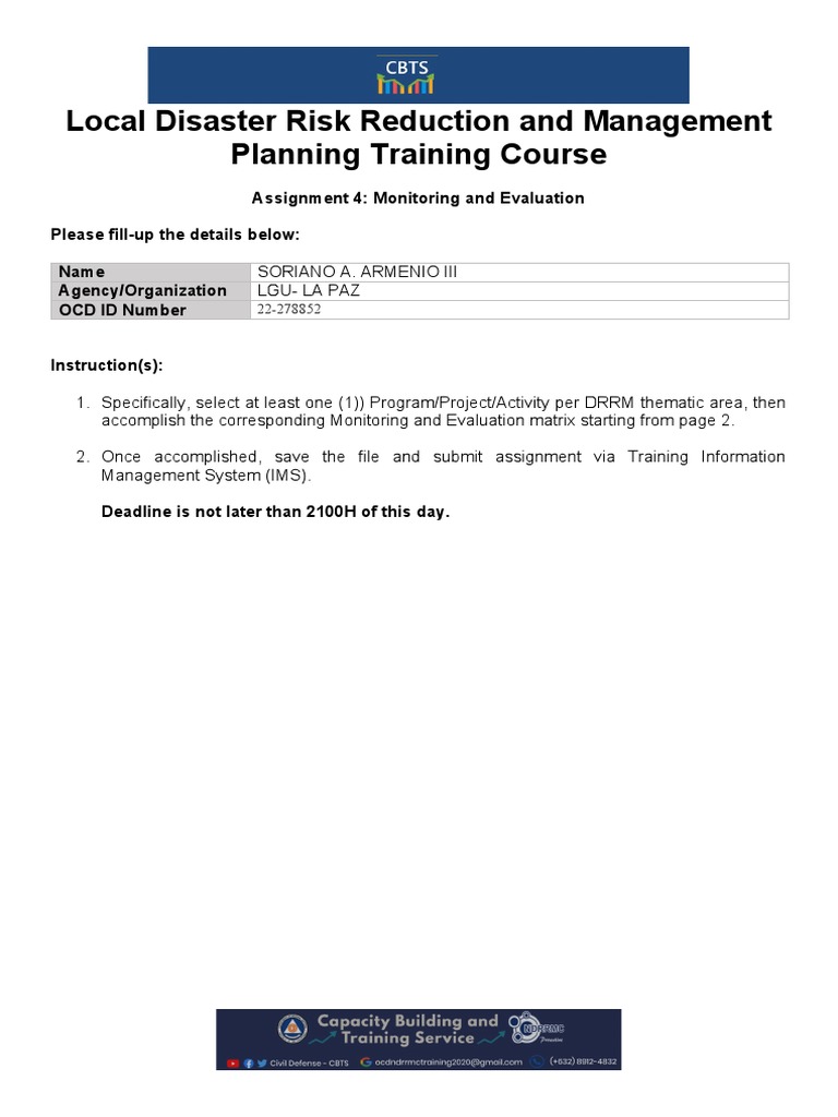 Assignment 4 Monitoring And Evaluation Pdf Emergency Management
