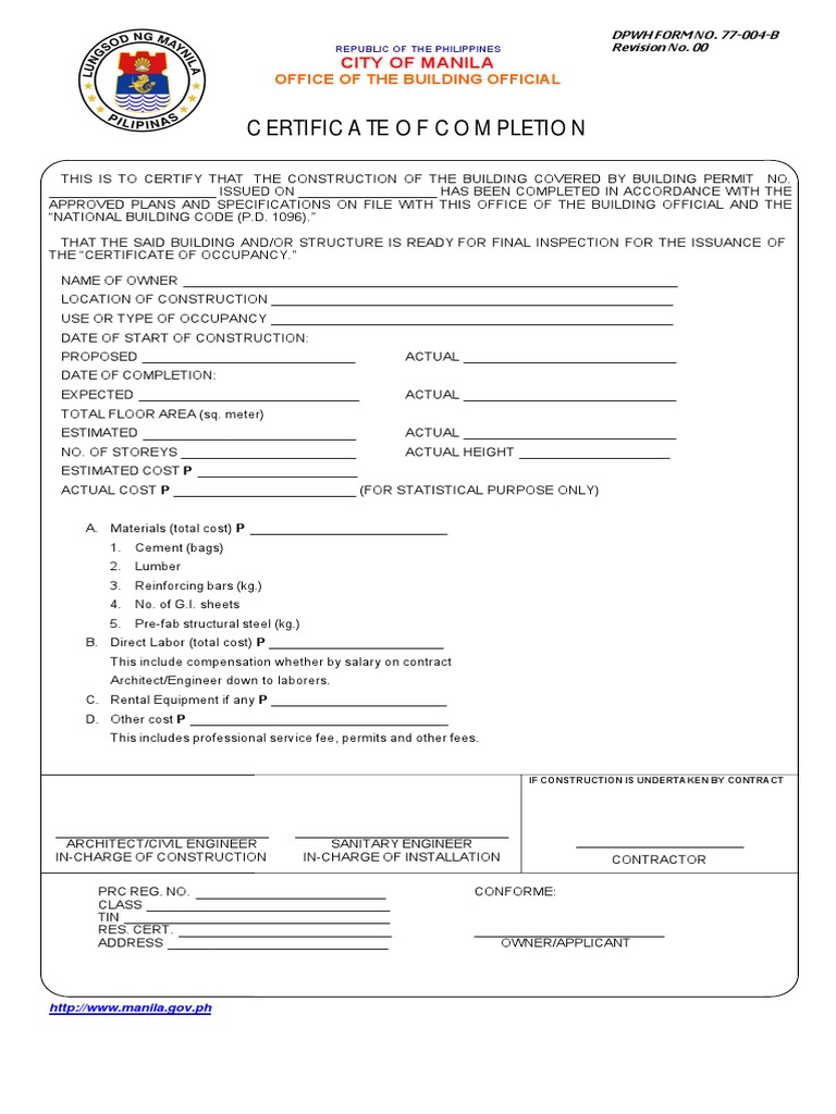 Certificate of Completion for Building Permit | PDF | Real Estate ...