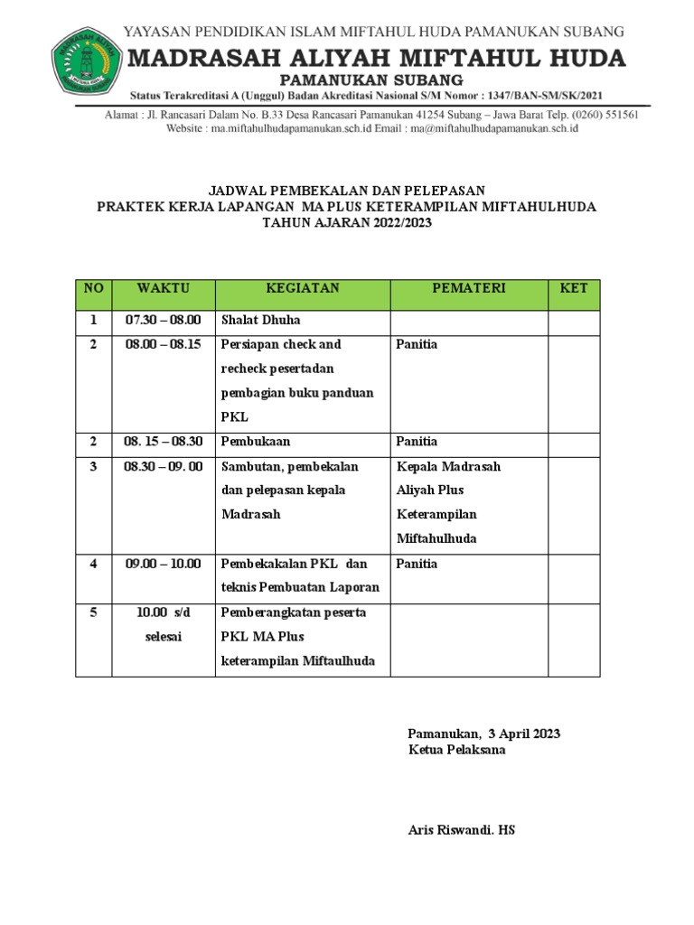 JADWAL PEMBEKALAN DAN PELEPASAN PKL 23 | PDF