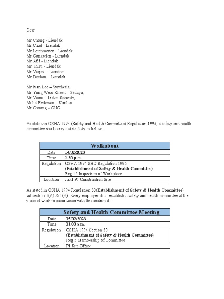 Invitation For Monthly Safety Health Committee Meeting | PDF