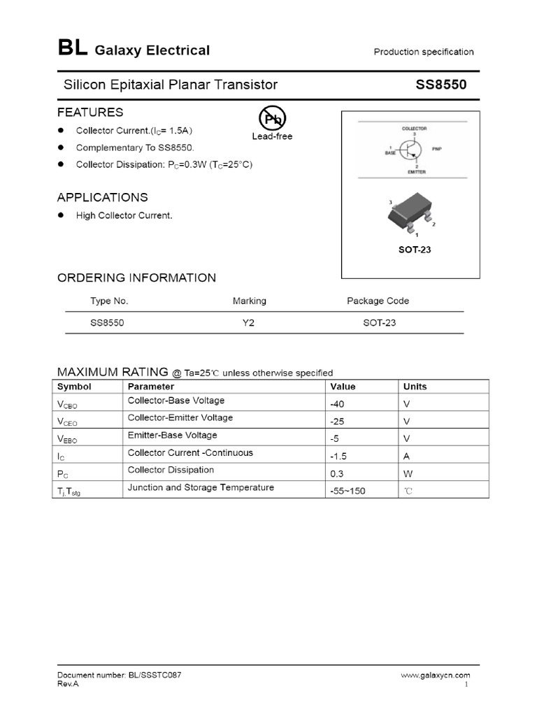 SS8550 SMD Transistor PNP Y2 2ty 40V 1.5a | PDF