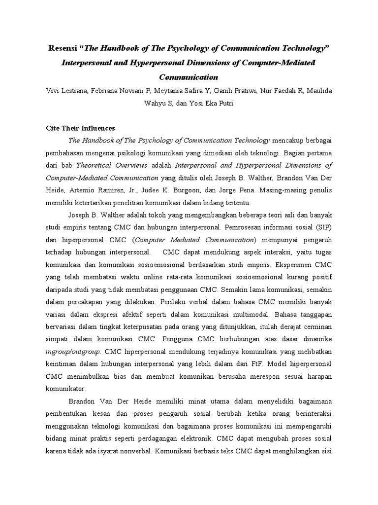 Interpersonal and Hyperpersonal Dimensions of Computer-Mediated Communication | PDF