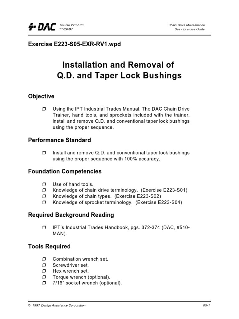 Installation and Removal of Q.D. and Taper Lock Bushings: Exercise E223-S05-EXR-RV1.wpd | PDF ...