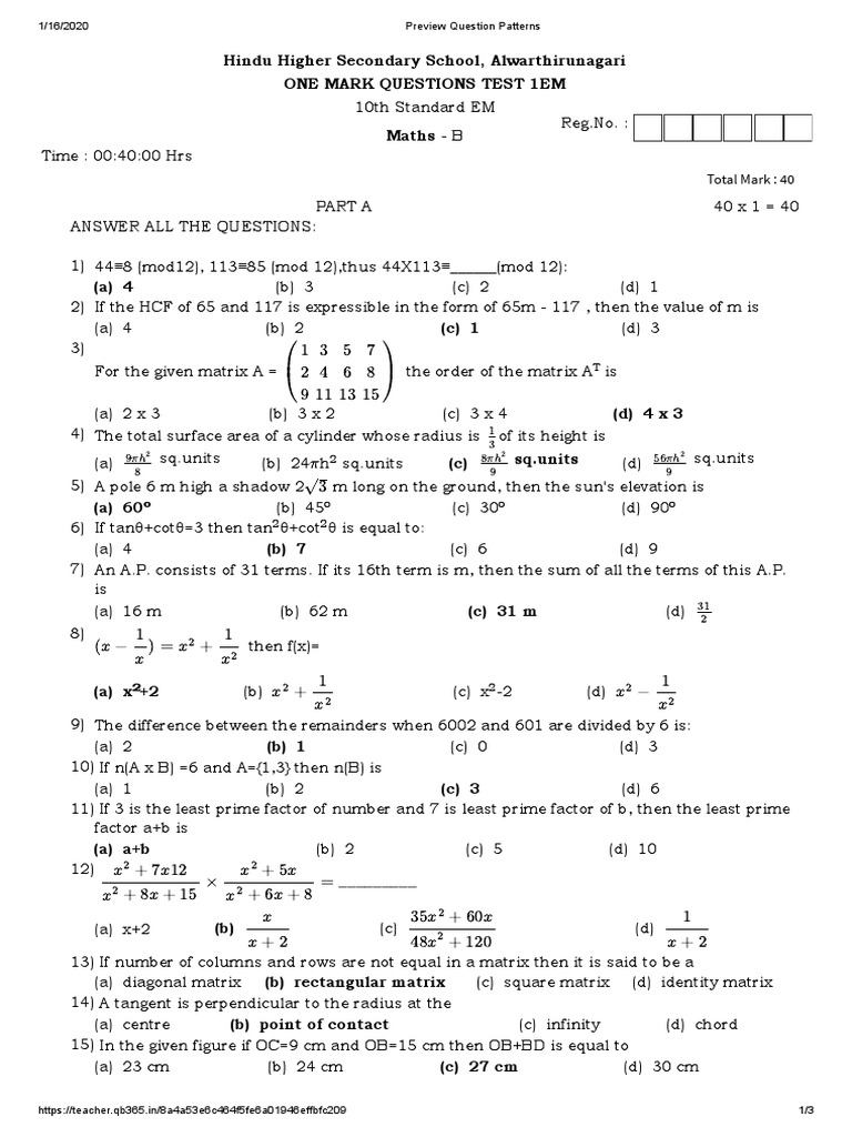 10th Grade Maths One Mark Questions | PDF | Circle | Triangle