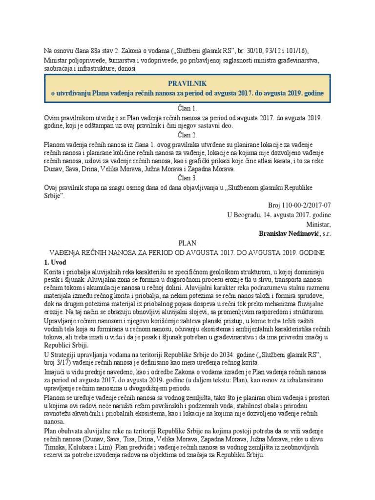 Pravilnik o Utvrđivanju Plana Vađenja Rečnih Nanosa | PDF